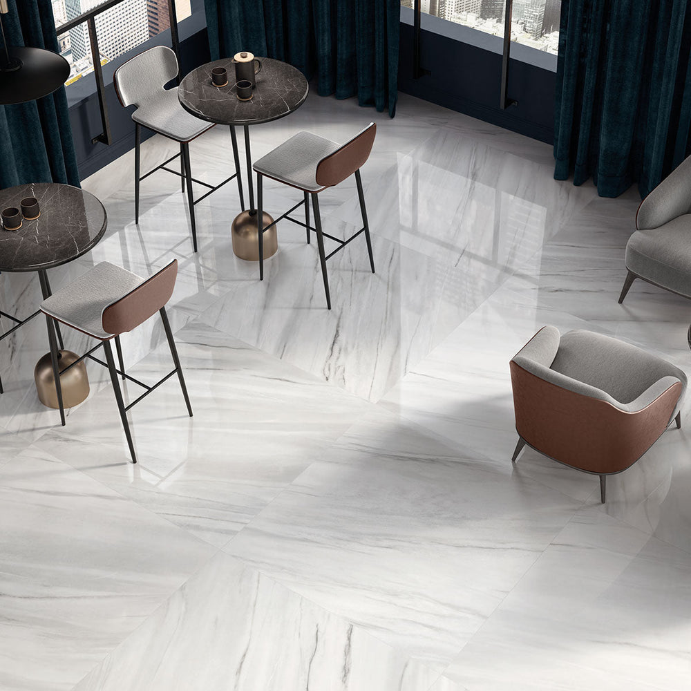 Deluxe Bianco Lasa Marble Effect Porcelain Tile 60x120cm Gloss | Deluxe ...