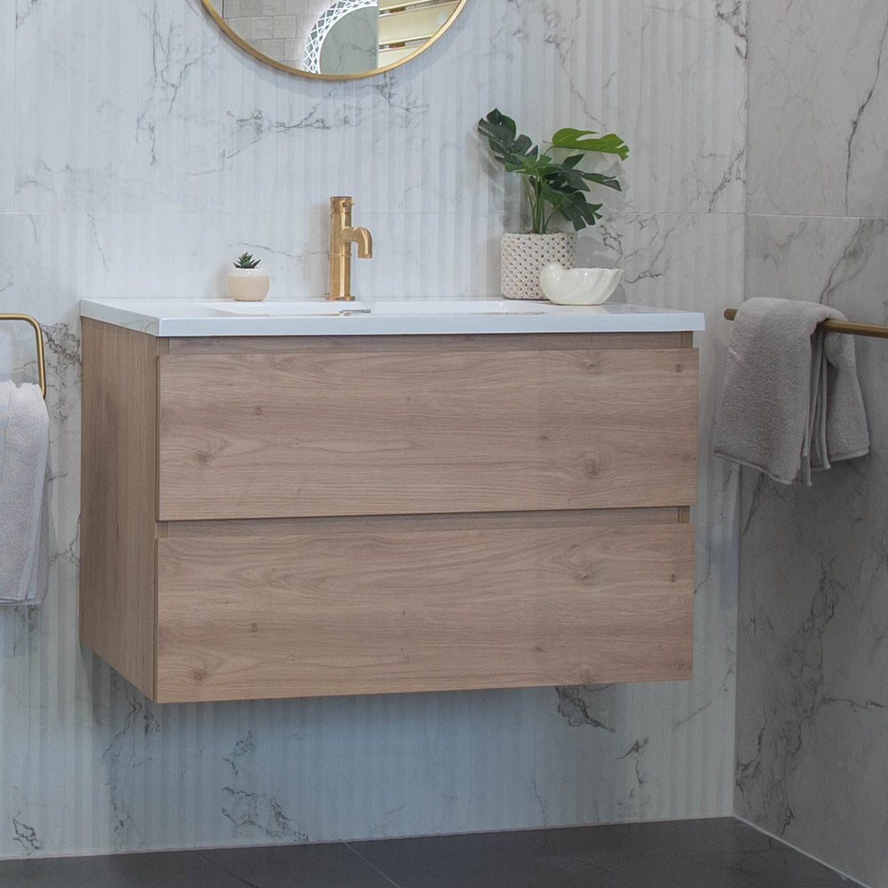 Granlusso Rocco Oak Wall Mounted Vanity Unit With Gloss White Washbasi ...
