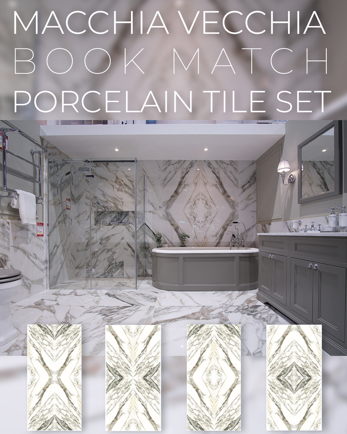 Bookmatch Macchia Vecchia Gold Marble Effect Porcelain Tile Set 300x15 | Deluxe Bathrooms ...