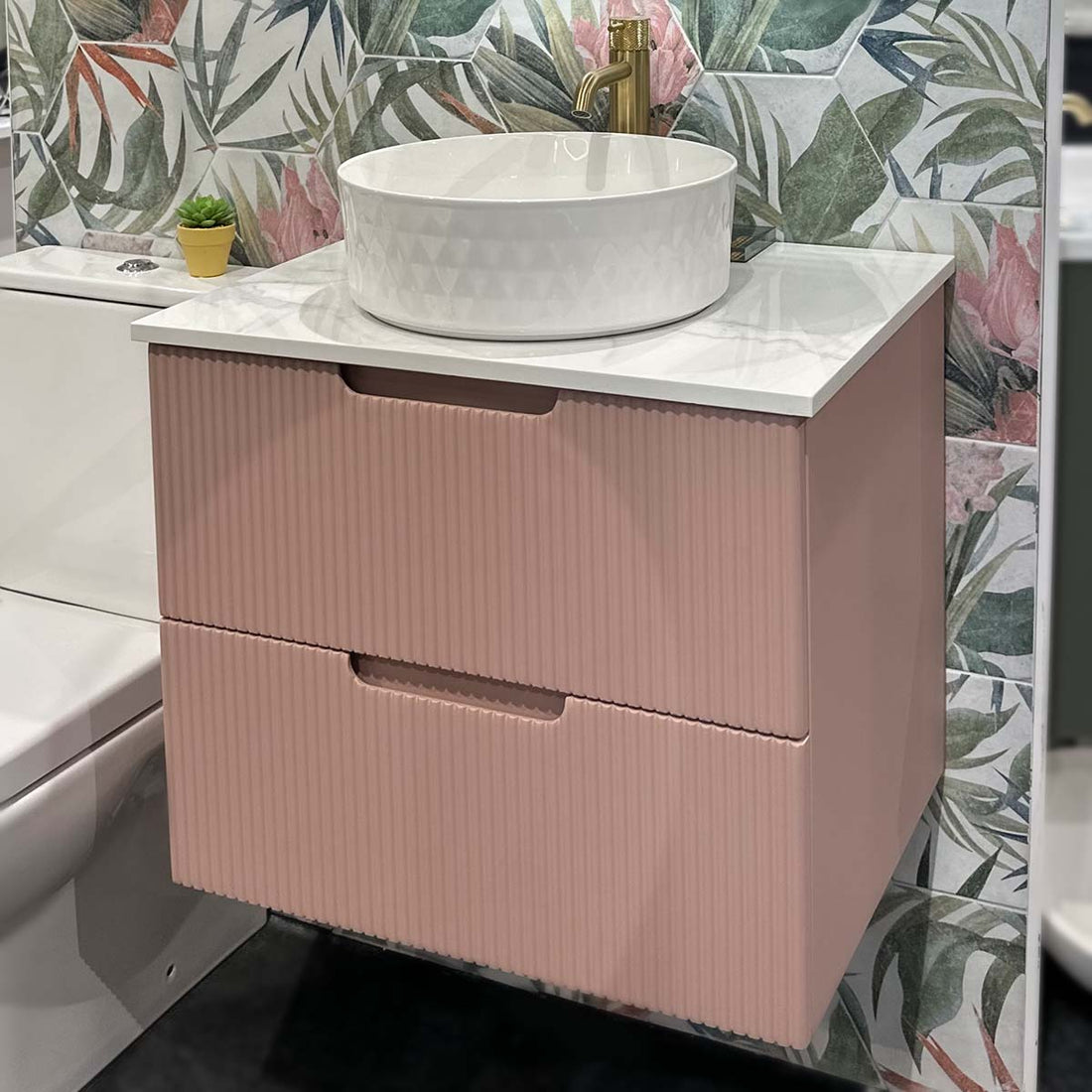 Granlusso Opus Pink Fluted Wall Mounted Vanity Unit With Marble Effect ...