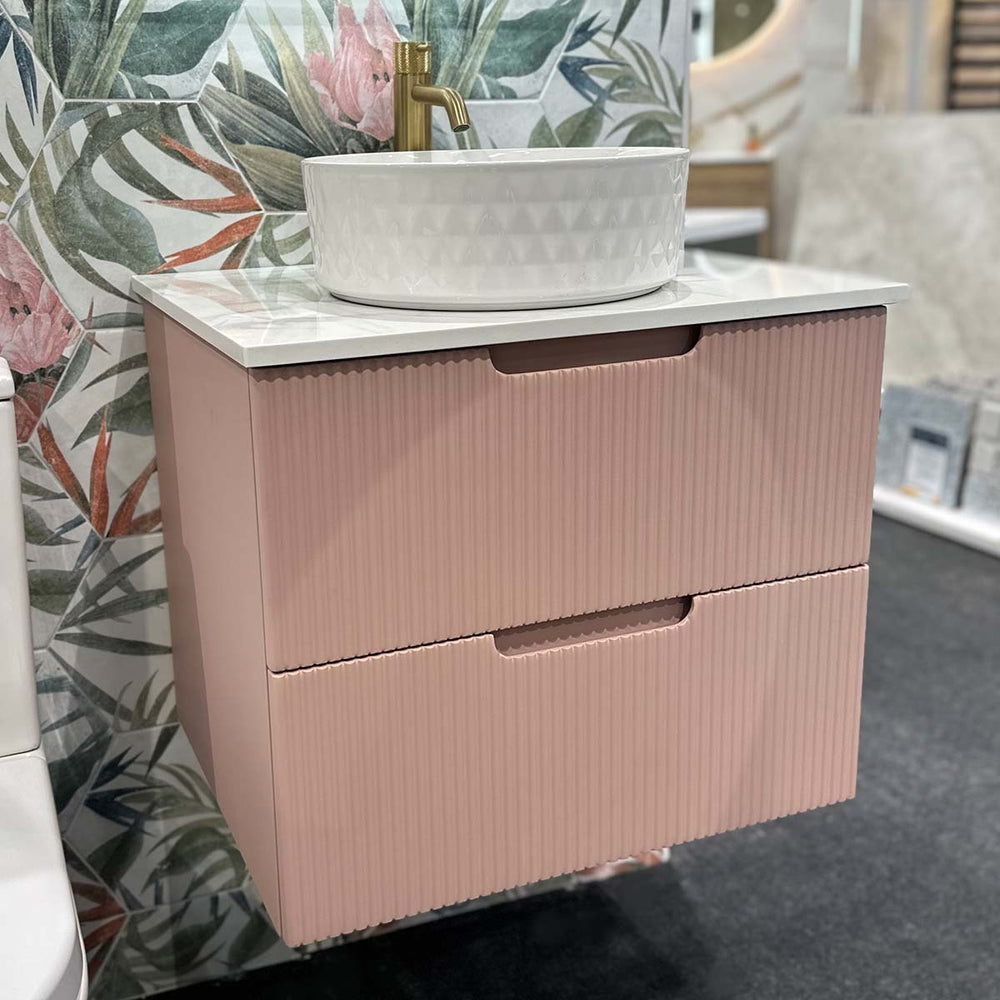 Granlusso Opus Pink Fluted Wall Mounted Vanity Unit With Marble Effect ...
