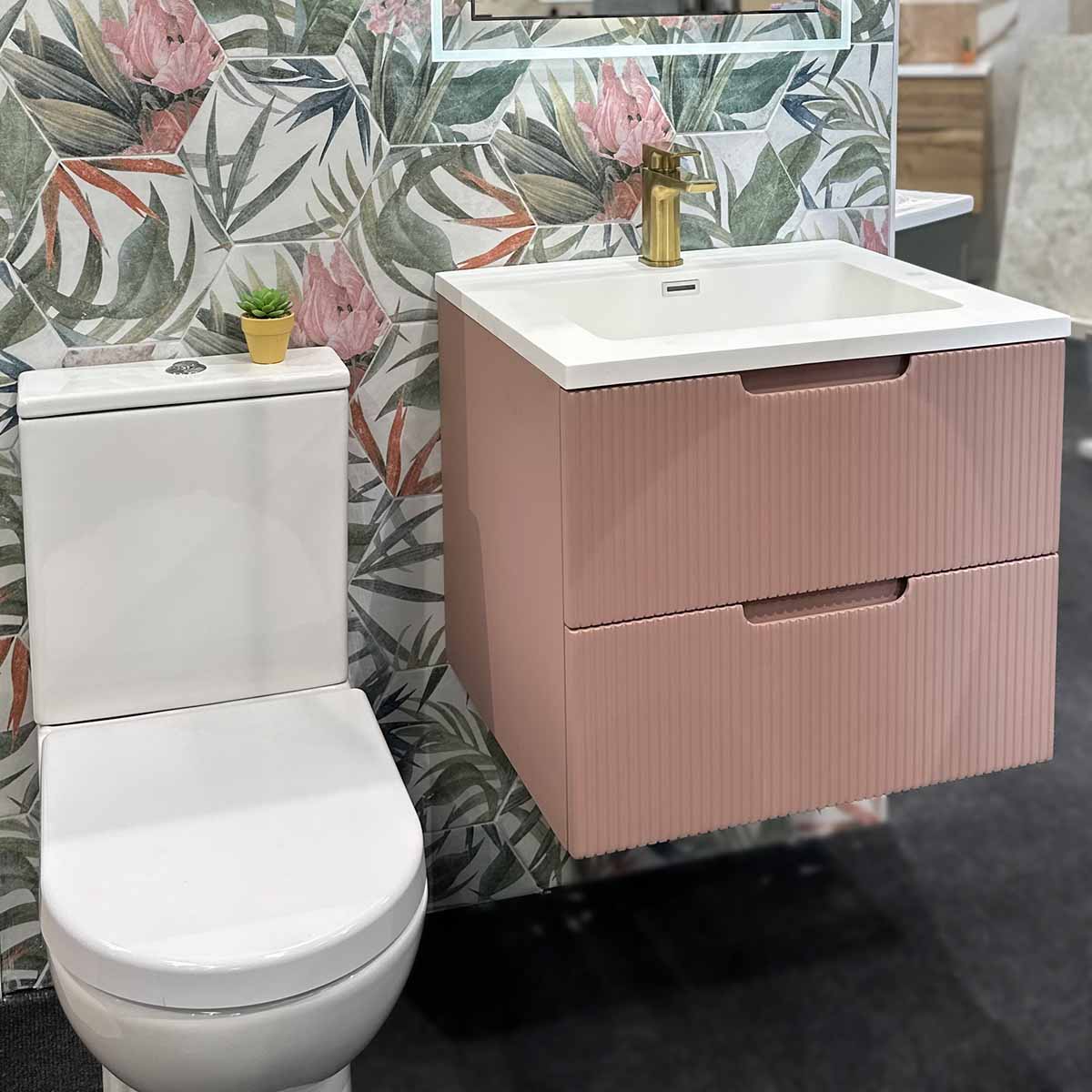 Granlusso Opus Pink Fluted Wall Mounted Vanity Unit With Solid Surface ...