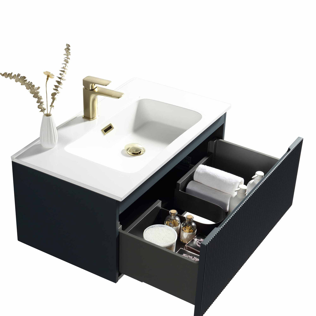 Florence Fluted Wall Mounted Vanity Unit With Washbasin - Midnight Sha ...