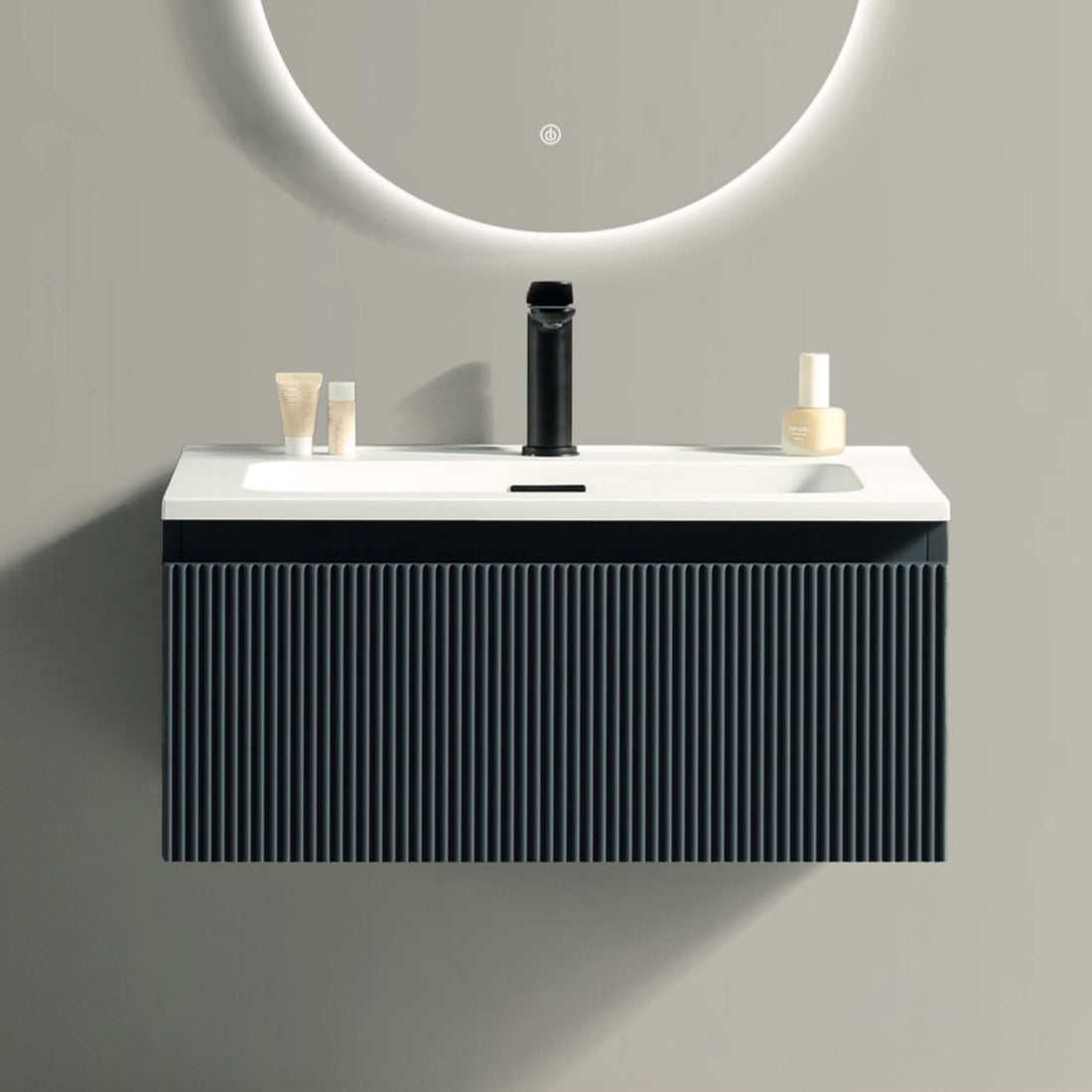 Florence Fluted Wall Mounted Vanity Unit With Washbasin - Midnight Sha ...